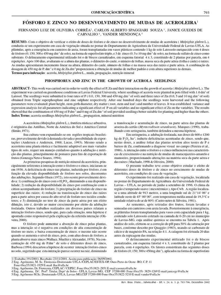 FÓSFORO E ZINCO NO DESENVOLVIMENTO DE MUDAS DE ACEROLEIRA | PDF | Zinco | Fósforo