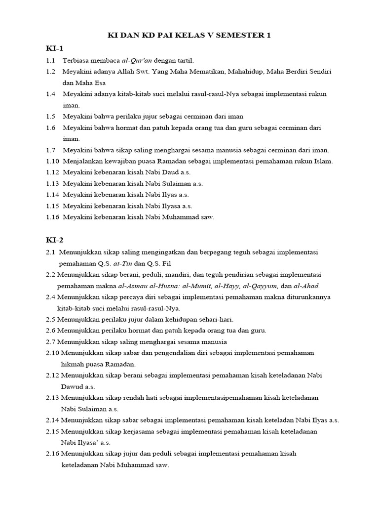 Ki Dan KD Pai Kelas 5 Semester 1 | PDF