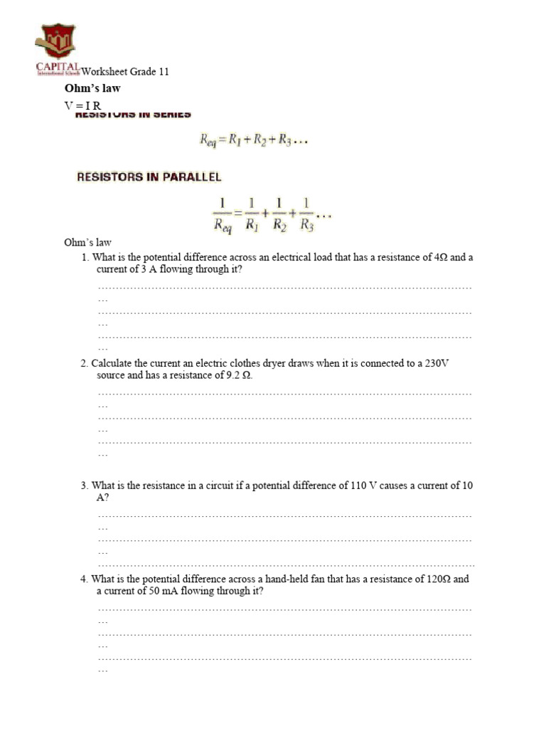 Ohm's law worksheet | PDF | Series And Parallel Circuits | Resistor