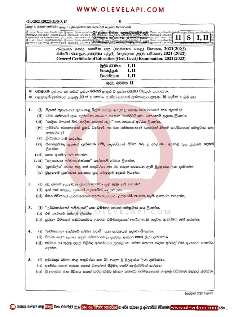 2021 Ol Buddhism Part II Paper Sinhala Medium Olevelapi PDF | PDF