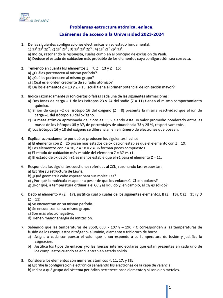 Ejercicios EvAU de Estrucutar Atómica, Sistema Periódico y Enlace | PDF ...