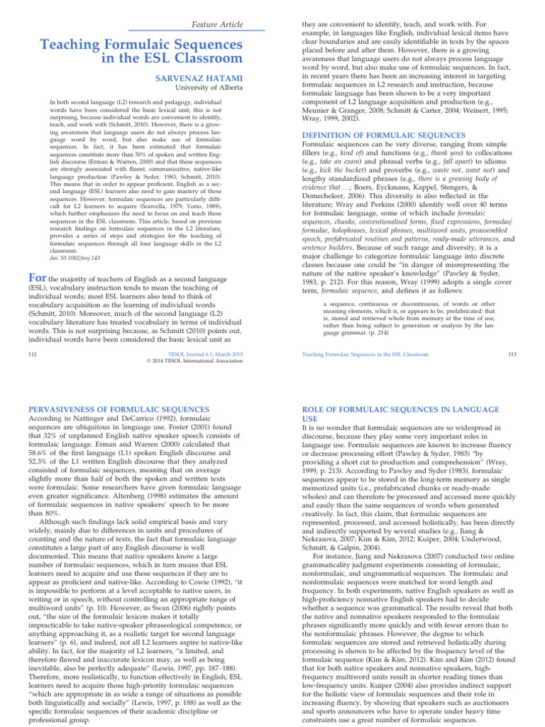 Teaching ESL with Formulaic Sequences | PDF | English As A Second Or Foreign Language | Vocabulary