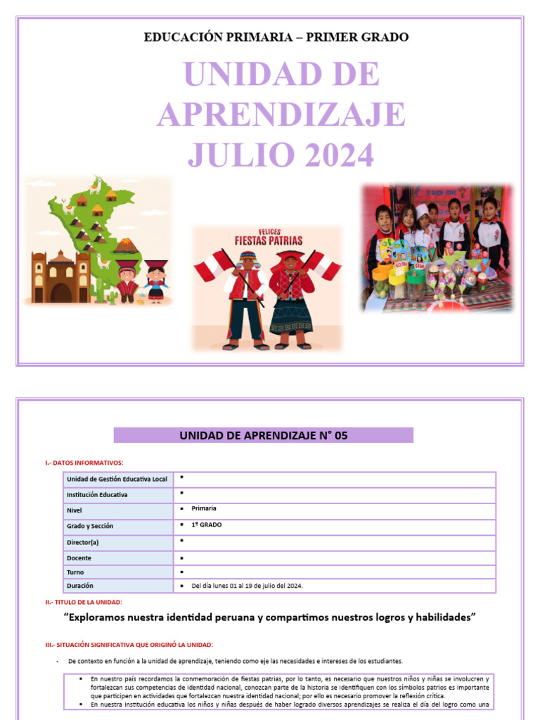 Unidad 5 - Primer Grado - 2024 | PDF | Sustracción | Aprendizaje