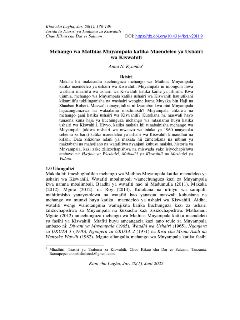 Mchango Wa Mathias Mnyampala Katika Maendeleo Ya Ushairi Wa Kiswahili | PDF