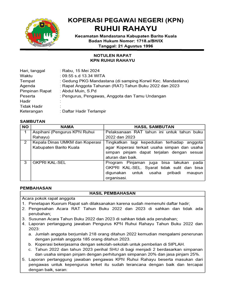 Notulen Rat Koperasi Mandastana | PDF