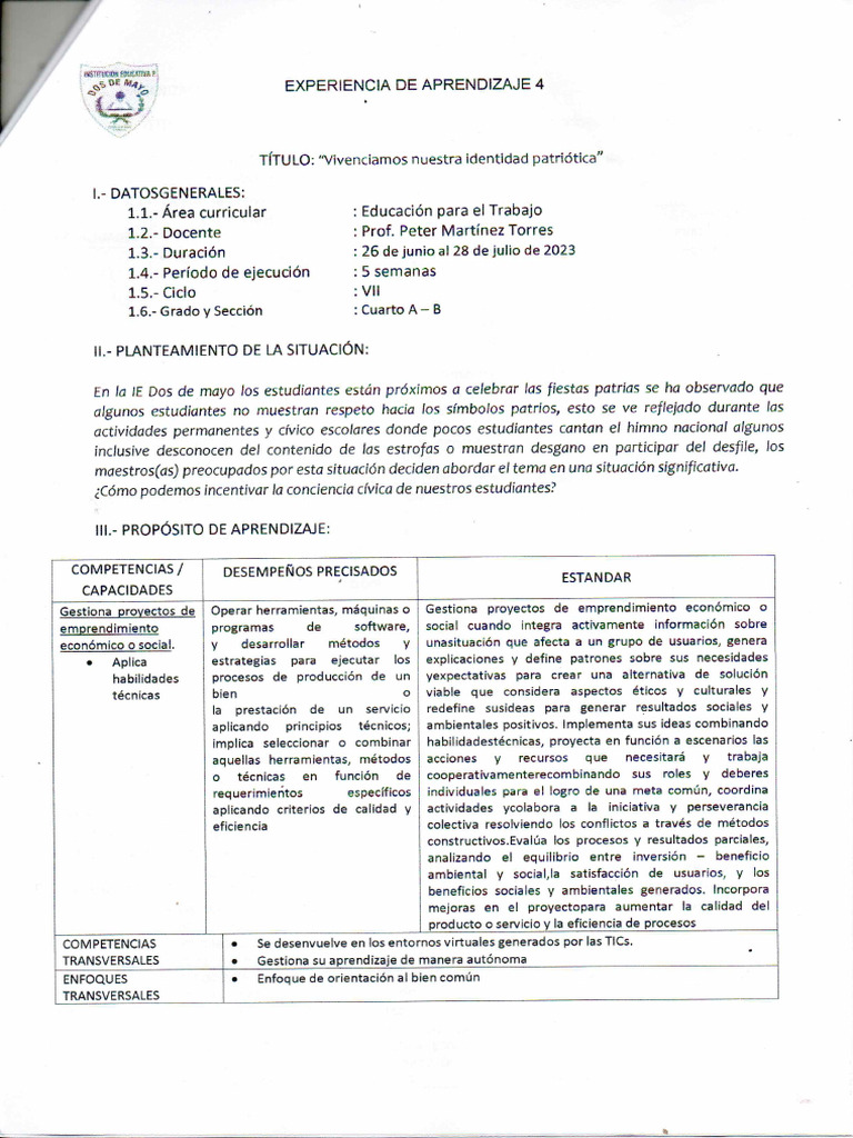 Eda 4 - Ept - Cuarto Grado - 2023-Ie Dos de Mayo | PDF