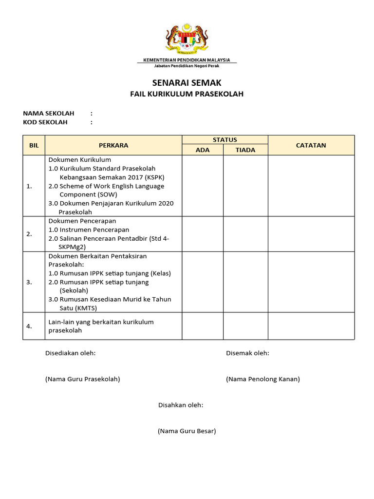 Senarai Semak Fail 6 Kurikulum Prasekolah | PDF