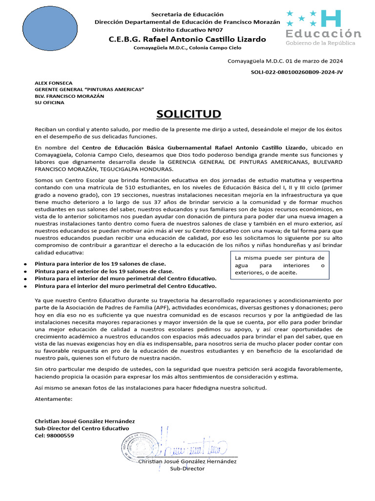 Solicitud Rafael Antonio Castillo Lizardo - Pinturas Americanas 2024 | PDF