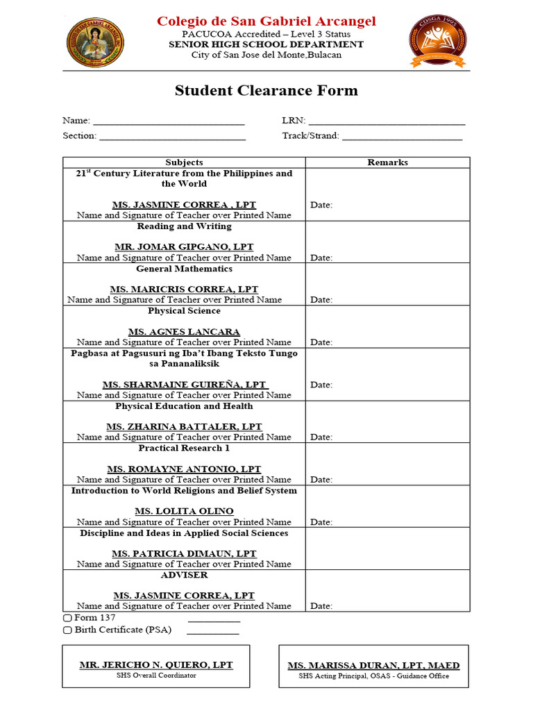 Student Clearance 2023 2024 Pdf Science Cognition