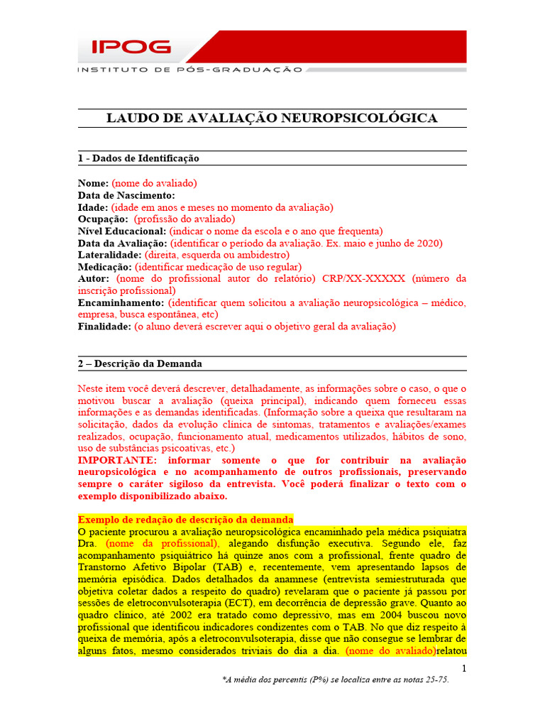 Modelo Laudo Neuropsicológico Adulto | Download grátis PDF | Neuropsicologia | Psiquiatria