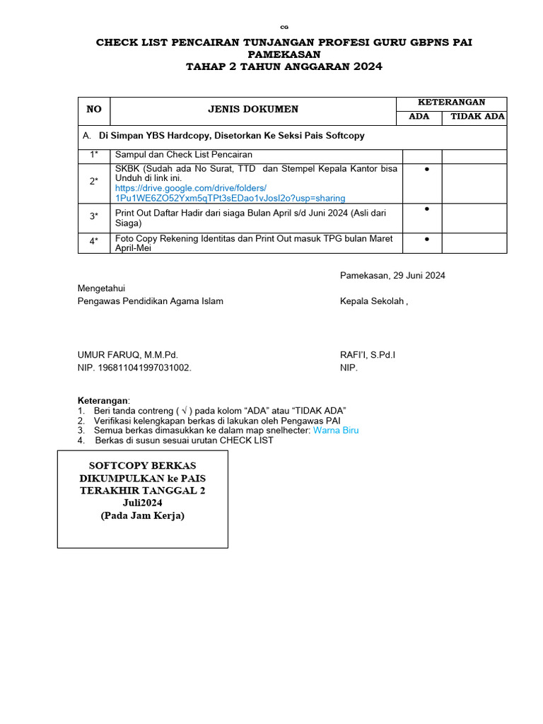 Check List TPG GBPNS TAHAP 2 TH 2024. Oke | PDF
