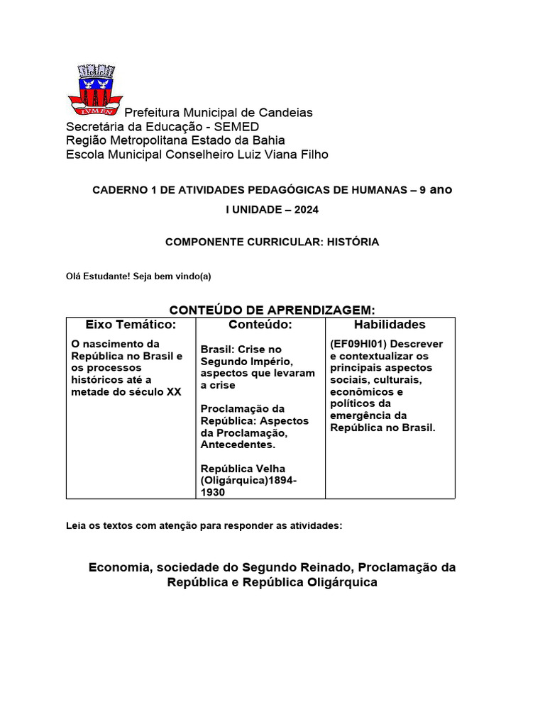 Caderno 1 - Crise Do Segundo Reinado, Proclamação Da Republica e Rep ...