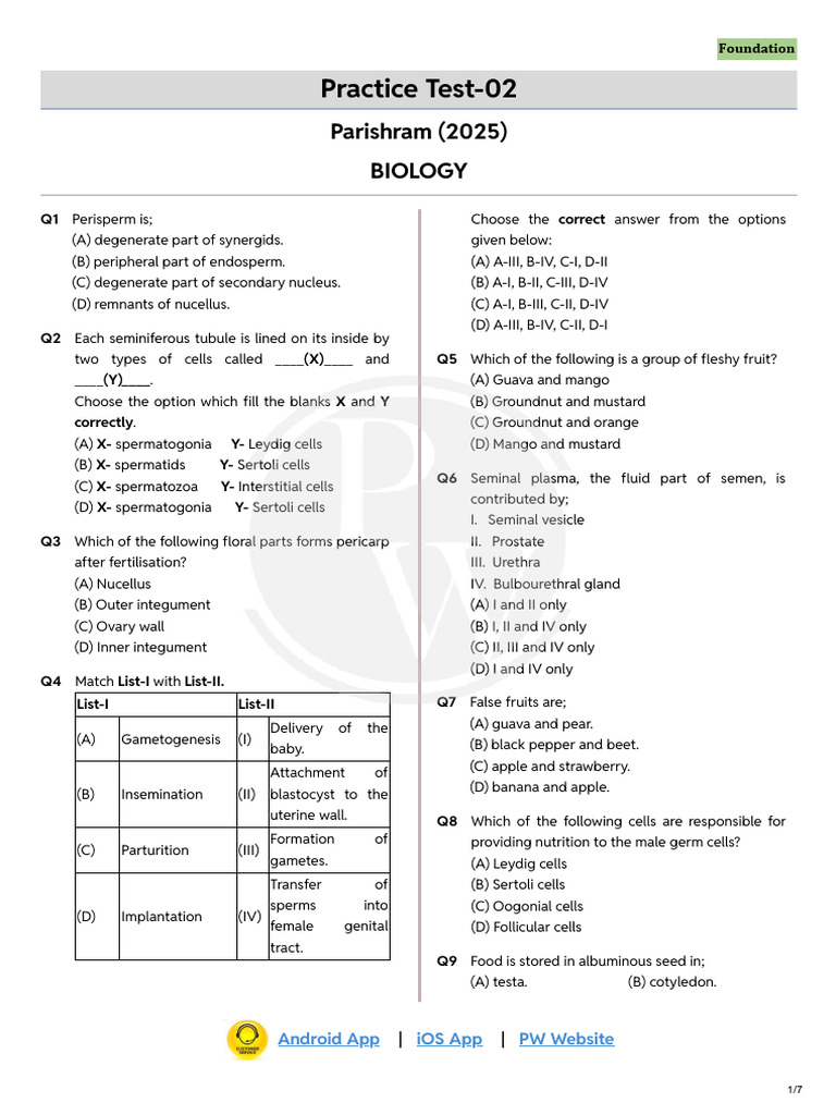 Practice Test 02 - Test Paper (Biology) | PDF | Testicle | Reproduction