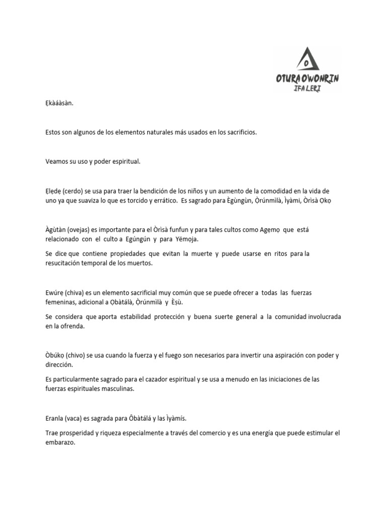 Elementos y Animales de Ebbo Ifa-1 | PDF