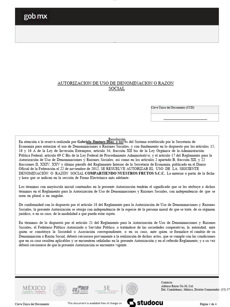 Autorización de Uso de Denominación Social | PDF | Regulación ...
