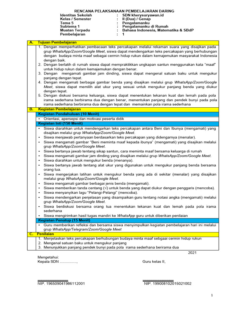 RPP Daring Kelas 2 Tema 6 - WW - Kherysuryawan.id | PDF | Karier & Perkembangan | Kesehatan Holistik