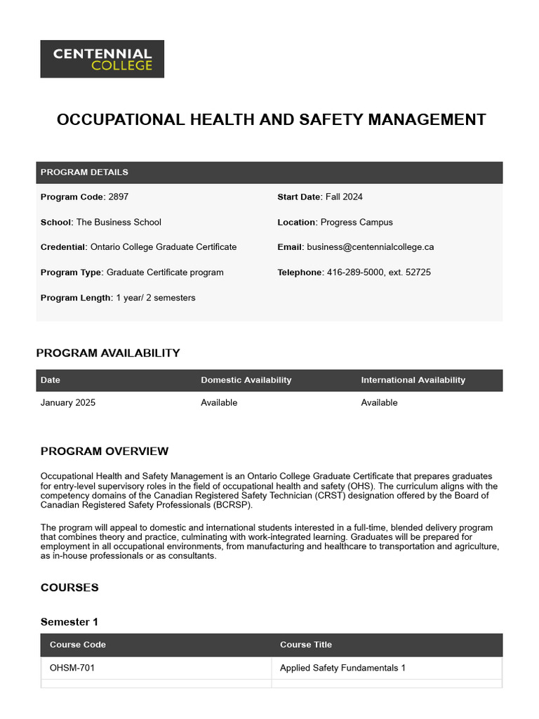 Occupational Health and Safety Management - Centennial College | PDF ...