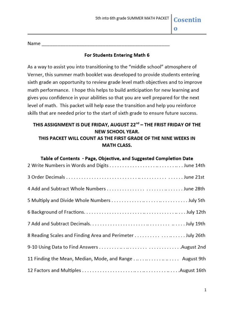 Summer Math Packet 6th Grade | PDF | Area | Numbers
