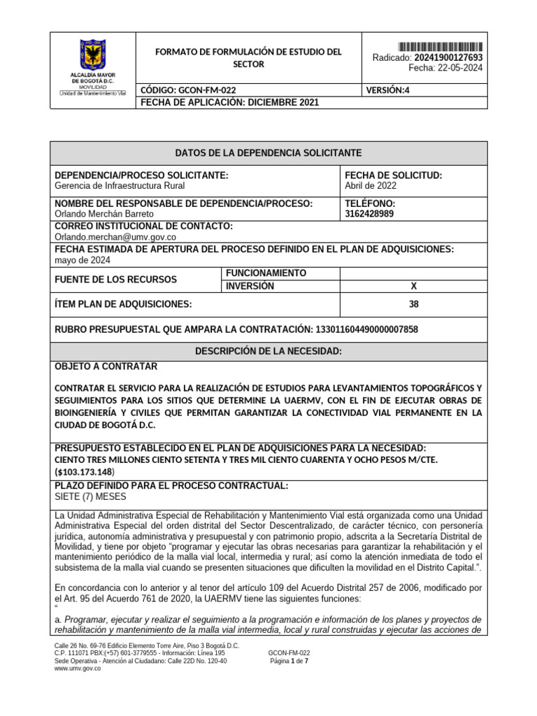 Formato Fm-022 | PDF | Bogotá | Sistema de información geográfica