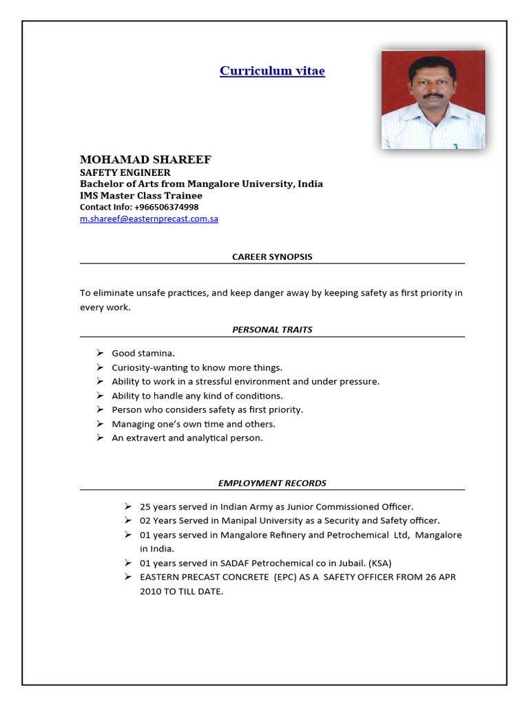 Safety Engineer Shareef CV | PDF | Occupational Safety And Health | Safety