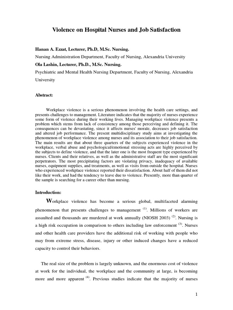 Violence On Hospital Nurses and Job Sati | PDF | Nursing | Violence