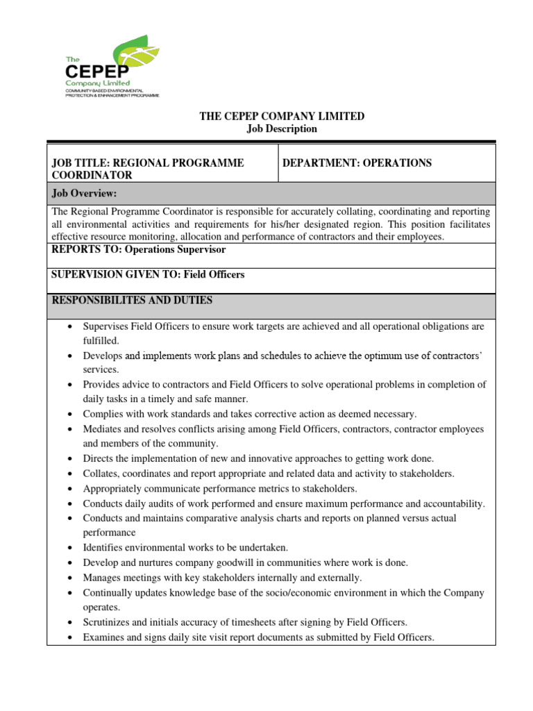 Cepep Regional Programme Coordinator Job Description | PDF | Employment ...