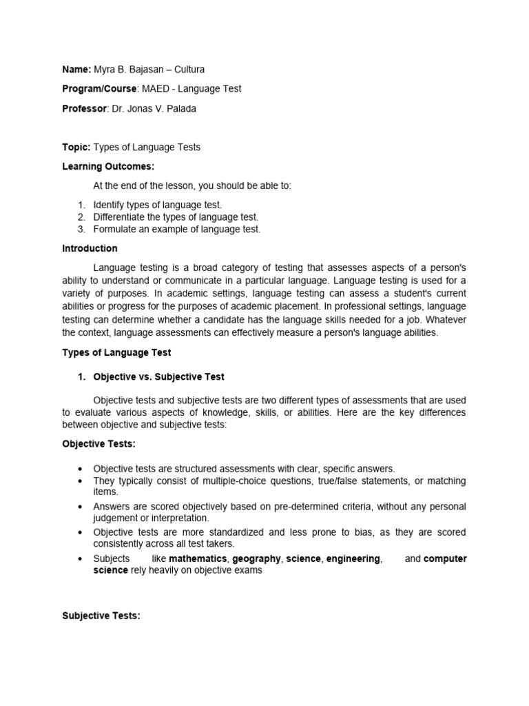 Types of Language Tests | PDF | Educational Assessment | Standardized Tests