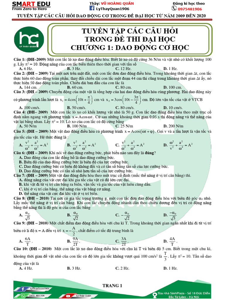 Tuyển Tập Các Câu Hỏi Trong Đề Thi Đại Học Chương 1 Dao Động Cơ | PDF