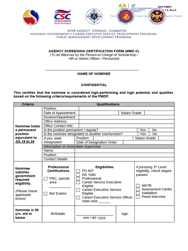 DAP-PMDP-MMC-Form C-Agency Screening Certification | PDF | Qualifications