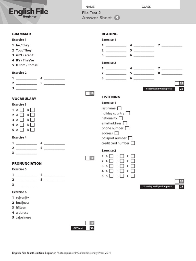 English File Beginner Test Answer Sheet | PDF | Linguistics | Human ...