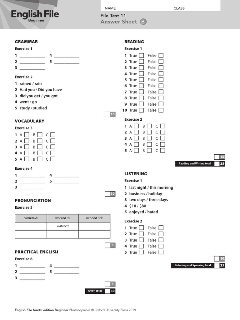 EF4e Beg File Test 11B answer sheet | Download Free PDF | Learning ...