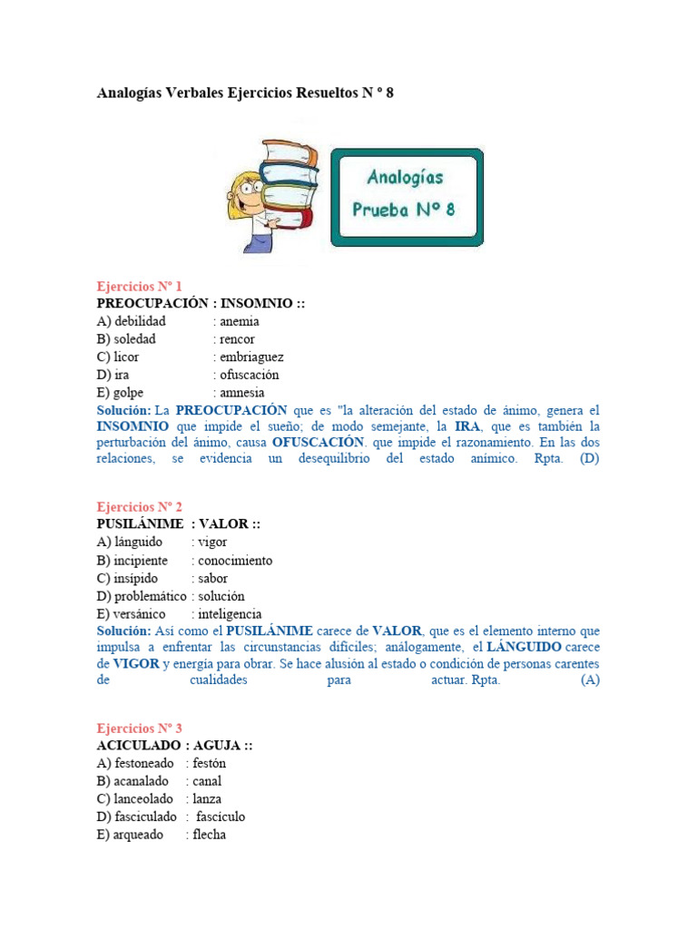 Analogías Verbales Ejercicios Resueltos N º 8 | PDF
