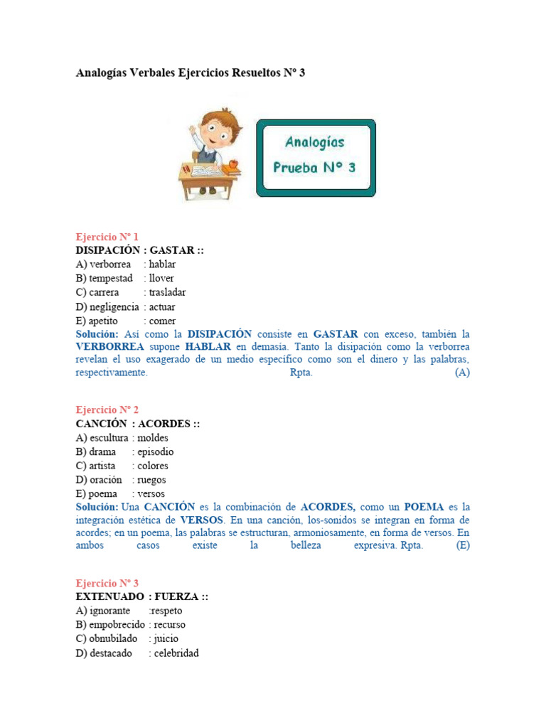 Analogías Verbales Ejercicios Resueltos #3 | PDF
