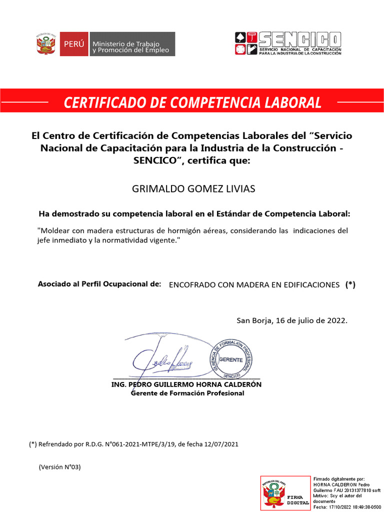 Certificado Sencico Carpintero | PDF