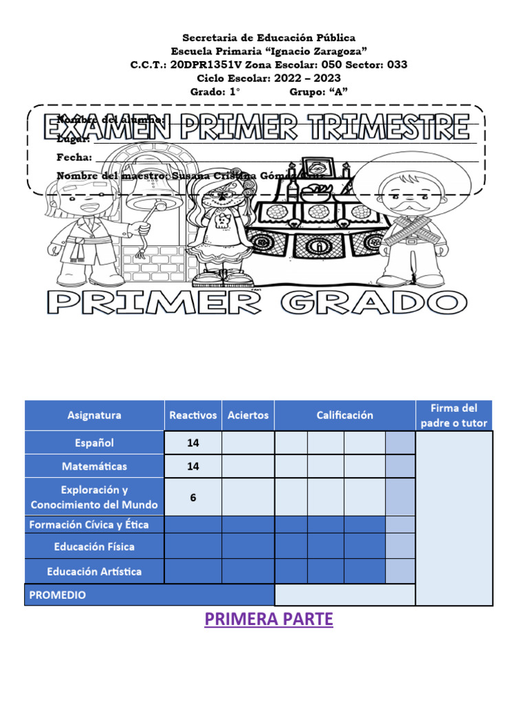 Examen Primer Trimestre Primer Grado Primaria Pdf Artes Del