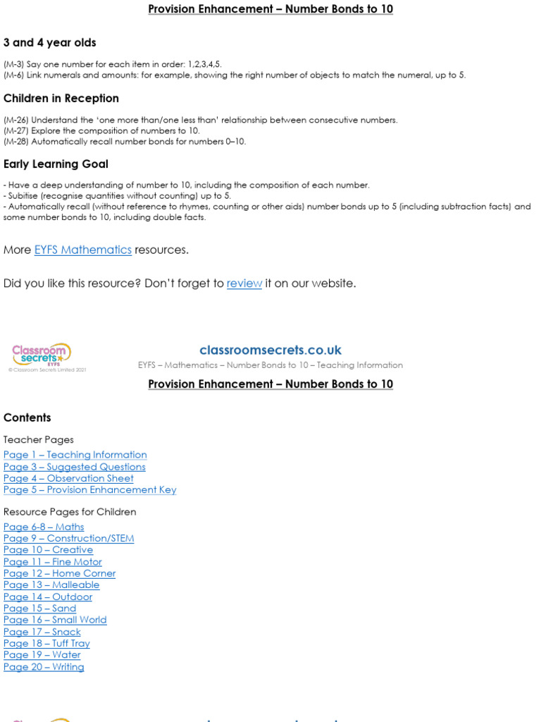 EYFS Mathematics Number Provision Enhancement Number Bonds To 10 | PDF ...
