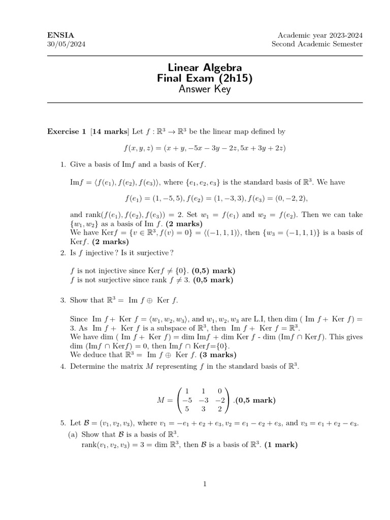 Final Exam Linear Algebra 2024 Corrigé | PDF | Eigenvalues And Eigenvectors | Mathematical Objects