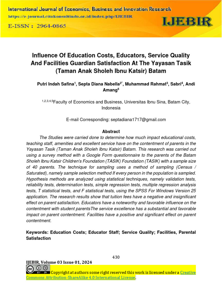 Influence Of Education Costs, Educators,Service Quality And Facilities Guardian Satisfaction At ...