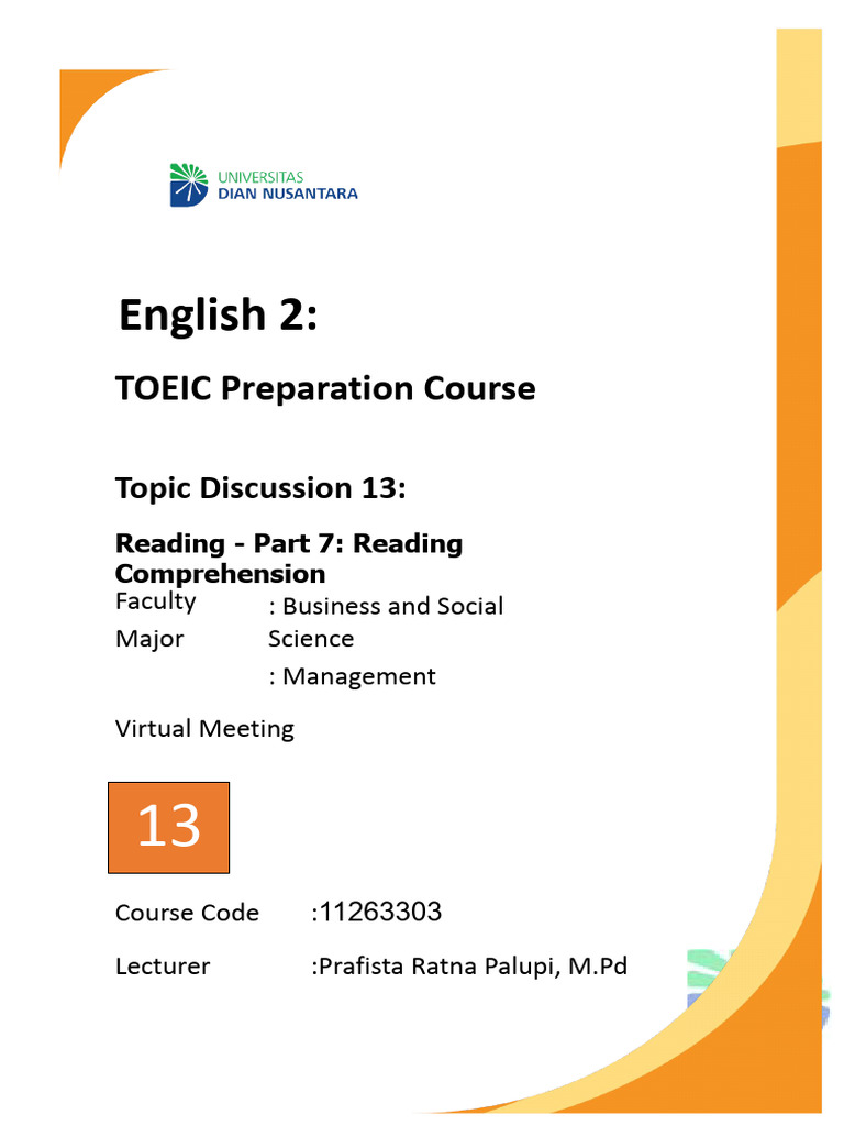 Module 13 - English 2 TOEIC | PDF | Speed Reading | Reading Comprehension
