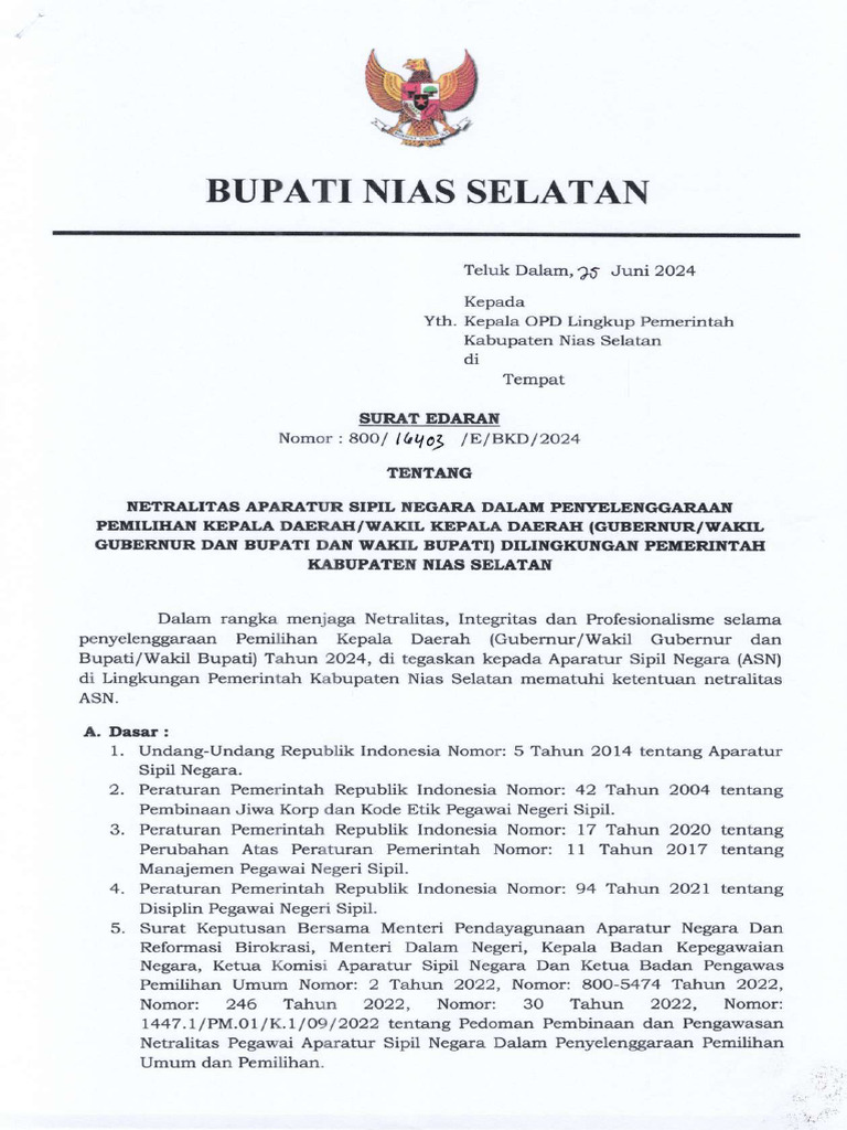 Surat Edaran Netralitas ASN Dalam Pemilu Tahun 2024 | PDF