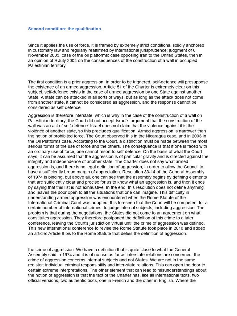 Conditions for Self-Defense in International Law | PDF | Self Defense ...