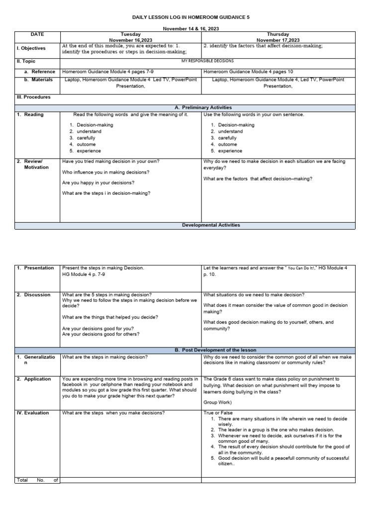 HG DLL Wk2 Grade 6 | PDF | Decision Making | Behavioural Sciences