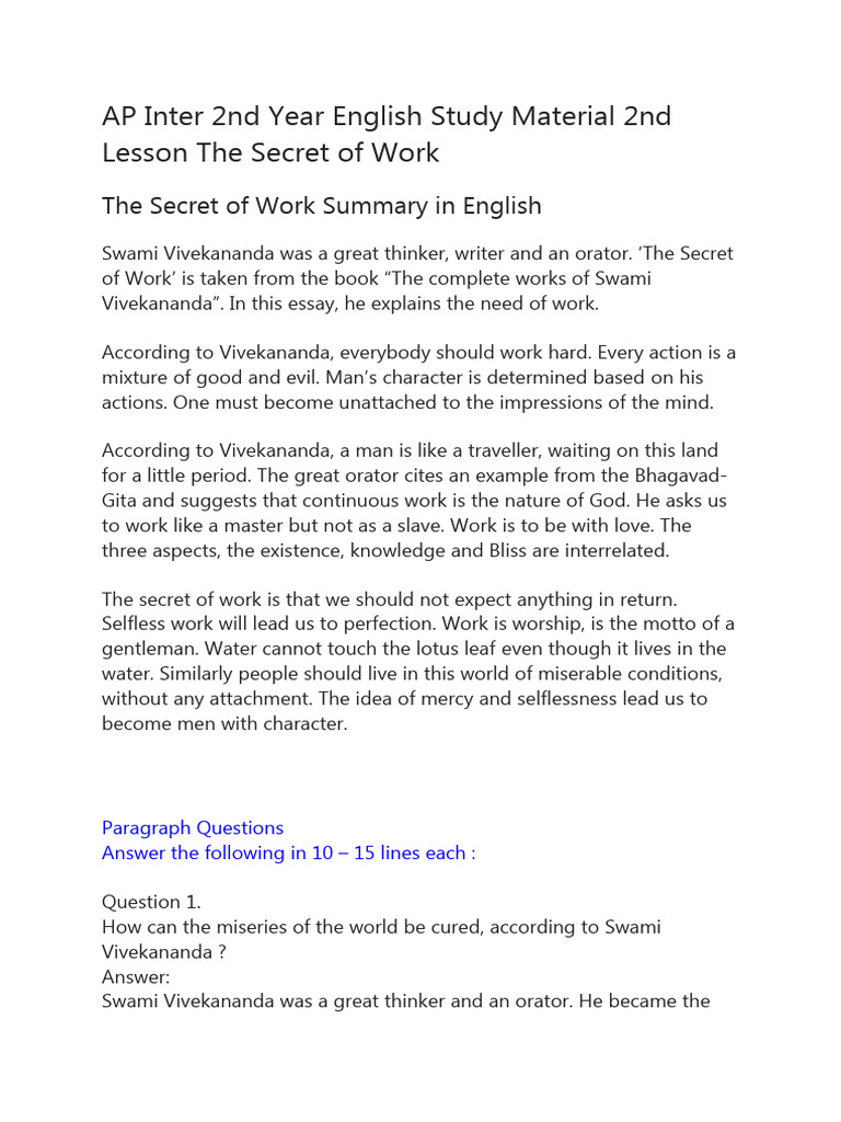 AP Inter 2nd Year English Study Material 2nd Lesson The Secret of Work ...