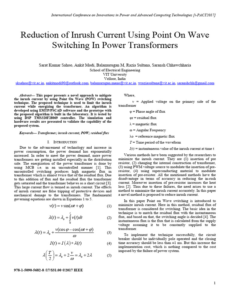 Reduction of Inrush Current Using Point On Wave | Download Free PDF | Transformer | Electrical ...