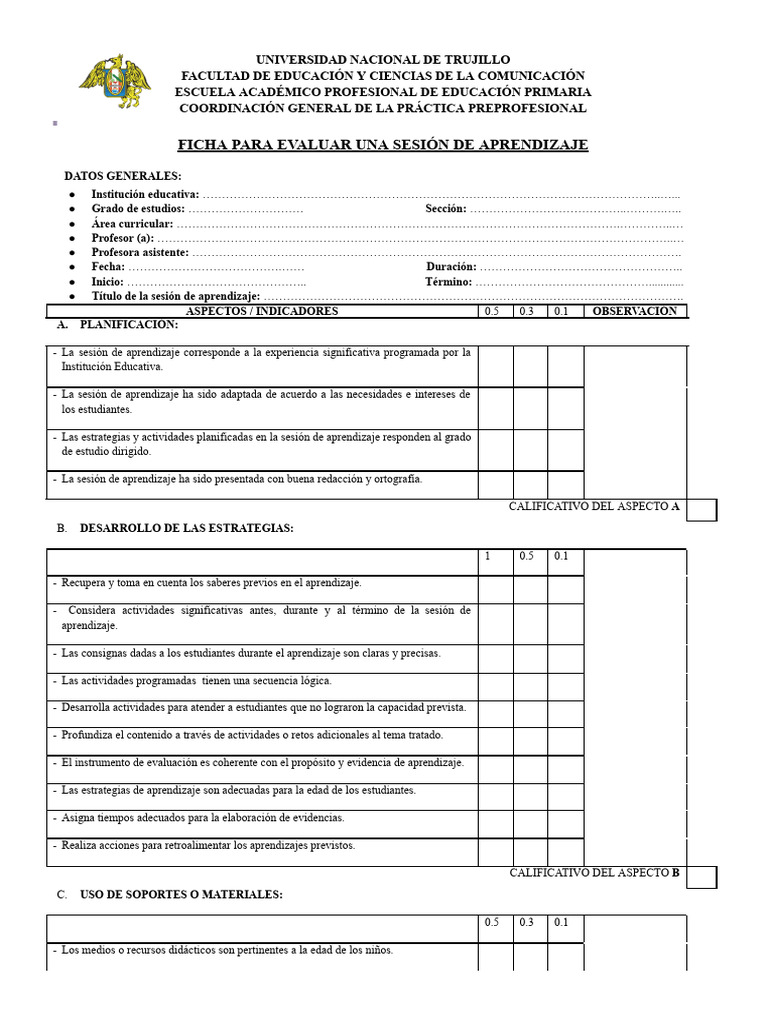 Ficha para Evaluar Las Sesiones de Aprendizaje-Nueva | PDF | Aprendizaje | Evaluación