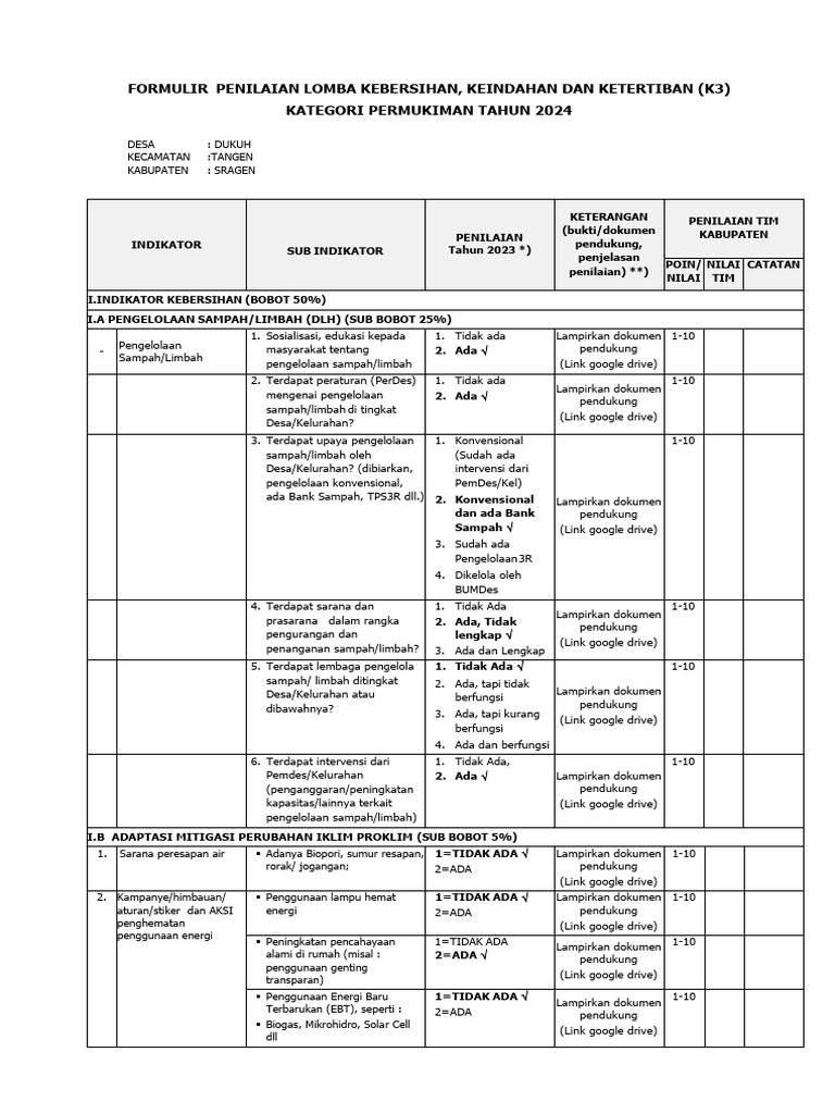 Form Lomba k3 Permukiman Desa Kel 2024 Dukuh | PDF