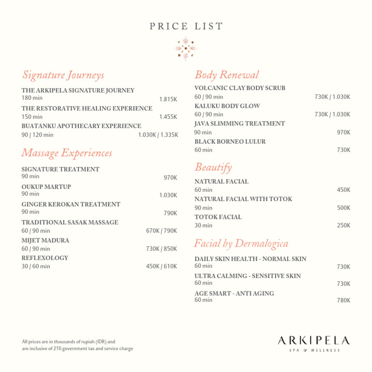 Arkipela Spa and Wellness - Price List - 16 January 2023 | PDF | Body ...