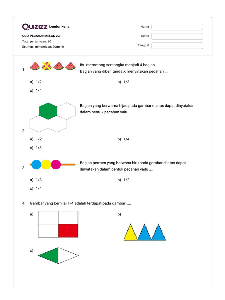 Quizizz - QUIZ PECAHAN KELAS 2C | PDF