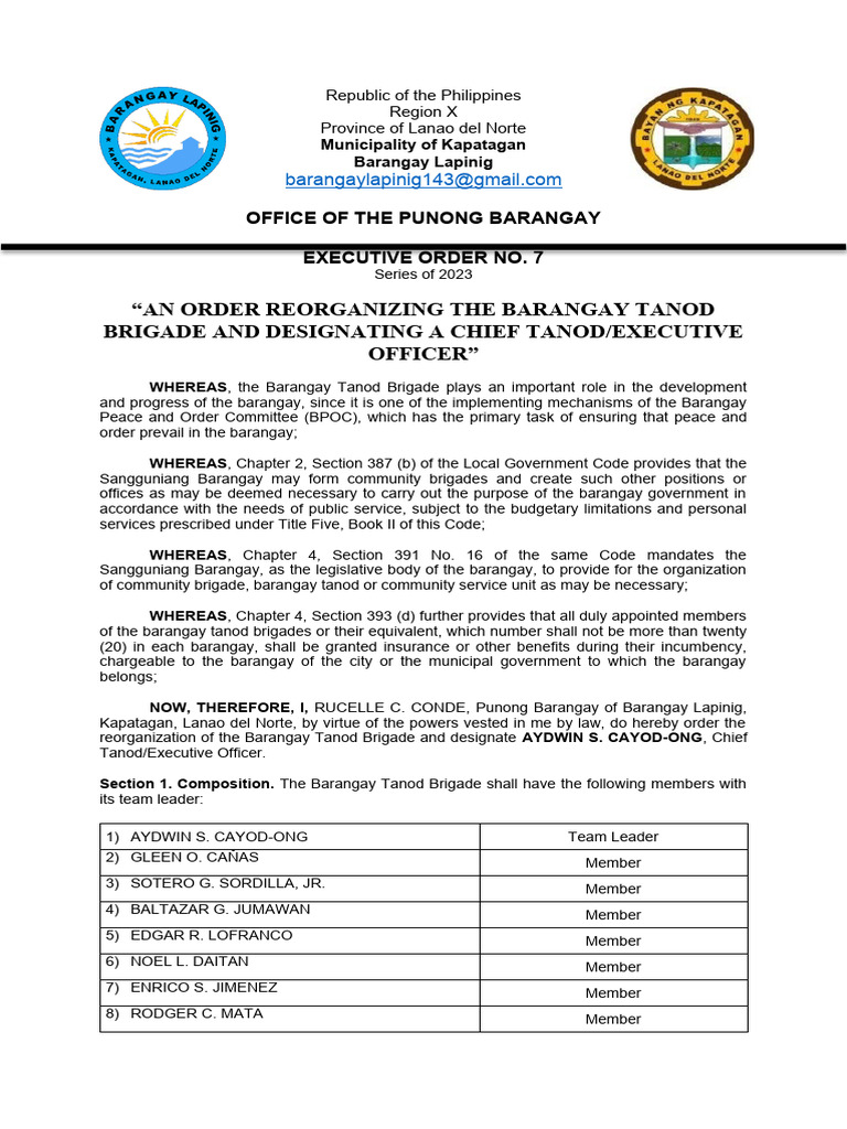 Barangay Tanod EO | PDF | Smuggling | Fire Safety Barangay Tanod EO | PDF | Smuggling | Fire Safety