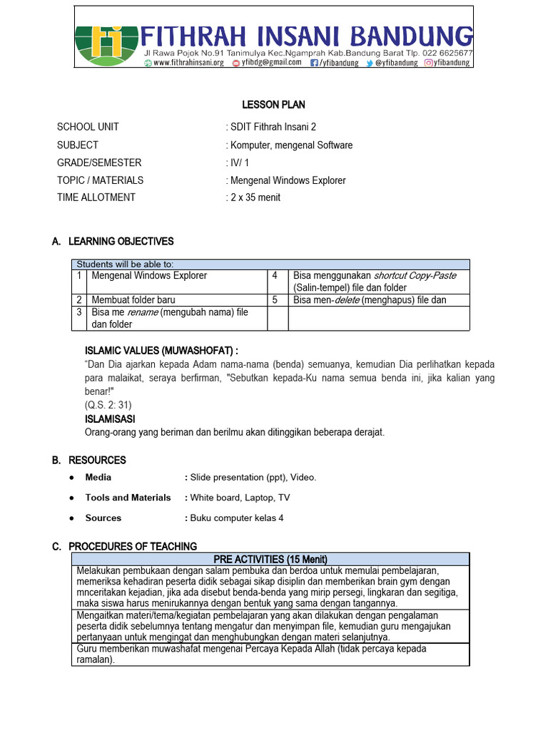 Format Lesson Plan (Modul Ajar) K13 - Komputer Kelas 4 SMT 1 Pertemuan 1 (Gust Kemal-SDIT FI 2 ...